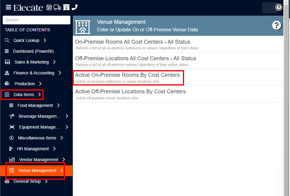 Active On Premise Rooms by Cost Centers