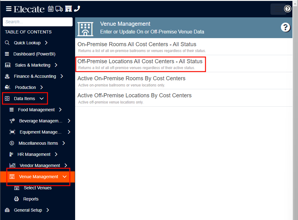 Off-Premise Locations All Cost Centers-All Status