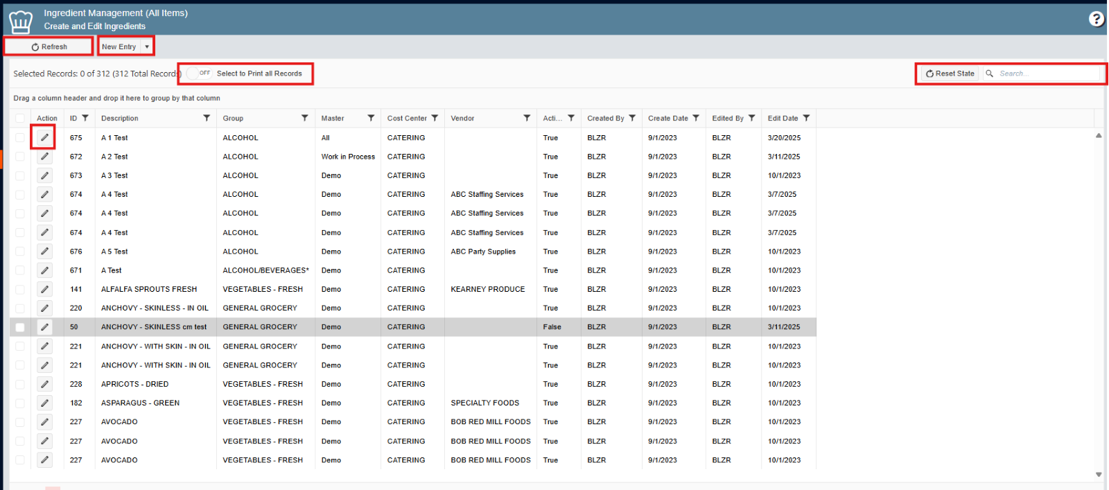 Ingredient Management (All Items)